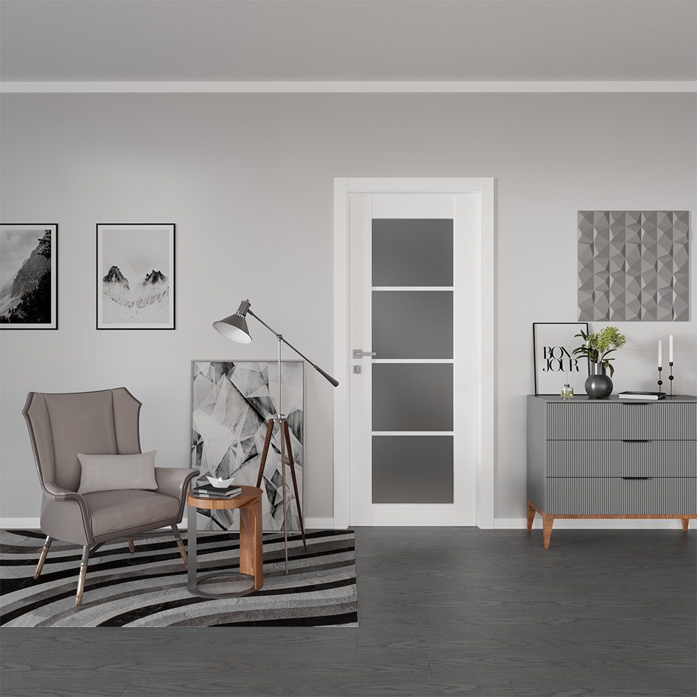 Modern interior RTA DOOR SLAB PALLADIO 4 LITE VETRO BIANCO NOBLE 32" X 80" X 1 9/16" TEMPERED ...